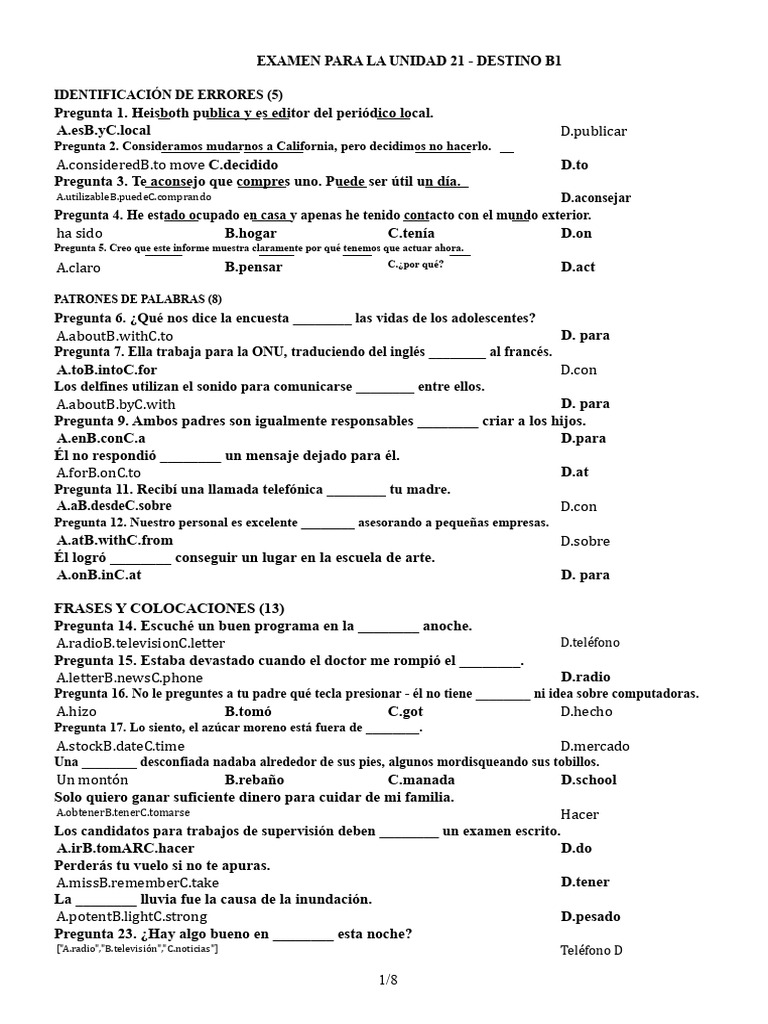 Prueba Unidad 21 Destino B1 | PDF