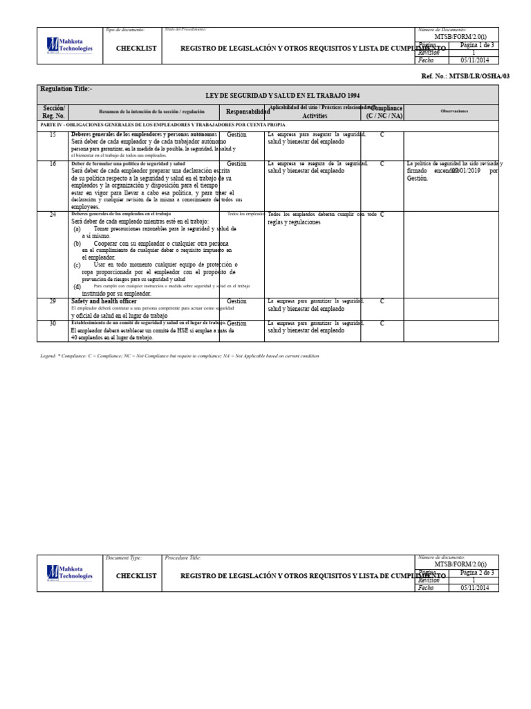 1 Registro Legal Cumplimiento - OSHA Mac 2019 | PDF | Administración de ...