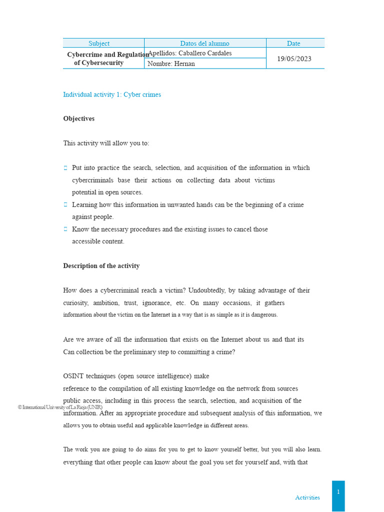 Individual Activity 1 Cyber Crimes | PDF | Cybercrime | Security