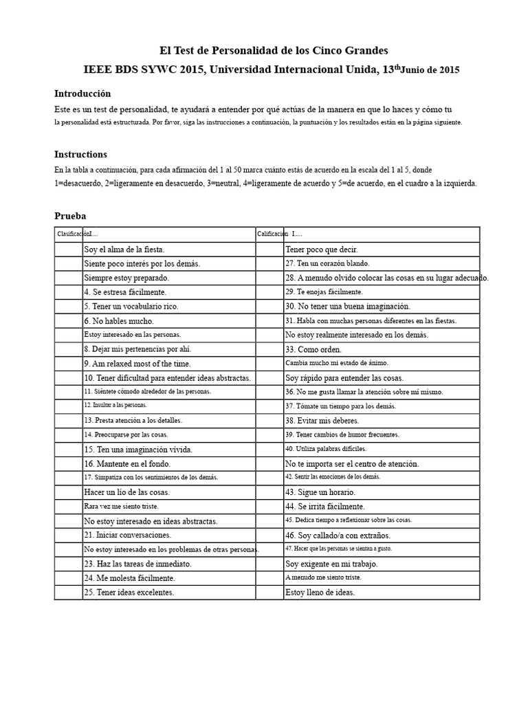 Prueba de Personalidad de Los Cinco Grandes Ieeebdssywc | PDF ...