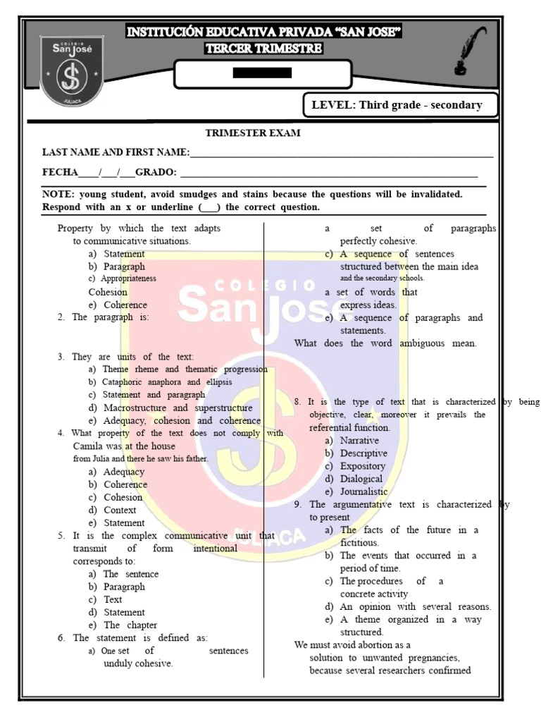 Second Trimester Communication Exam - Third Grade | PDF | Narrative
