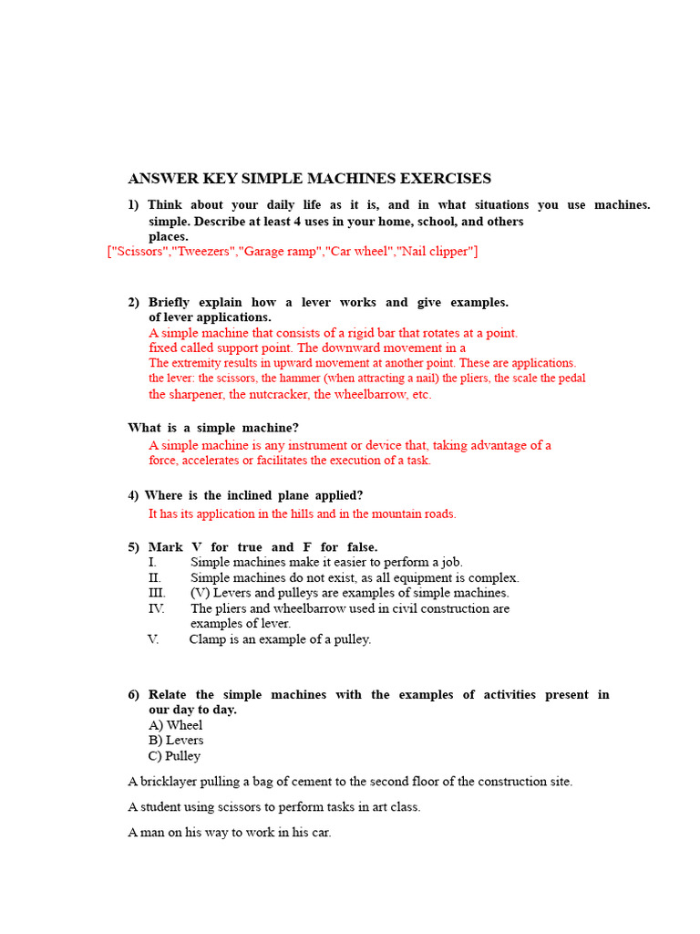 Simple Machines Exercises Answer Key | PDF
