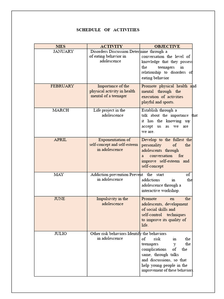 Mental Health Adolescents Monthly Activities | PDF | Adolescence ...