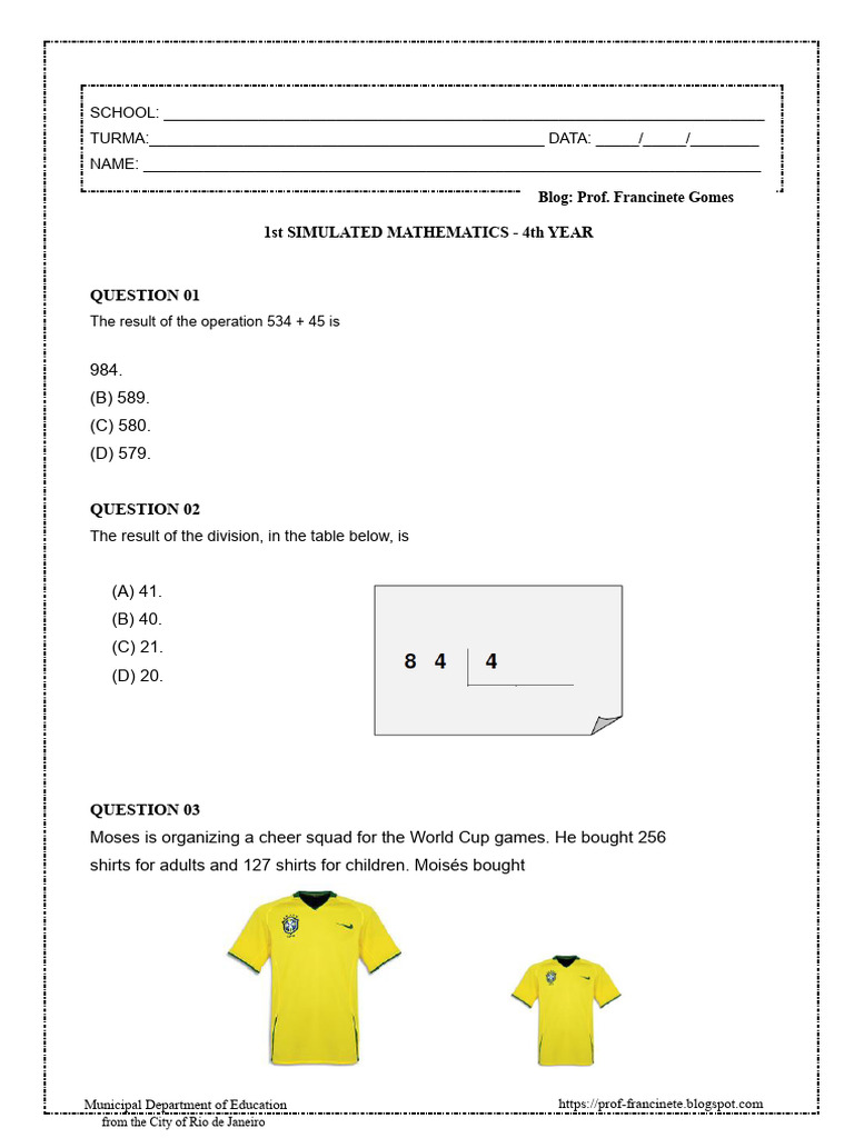 1st MATH SIMULATION - 4TH GRADE | PDF | Educational Assessment And Evaluation | Mathematics