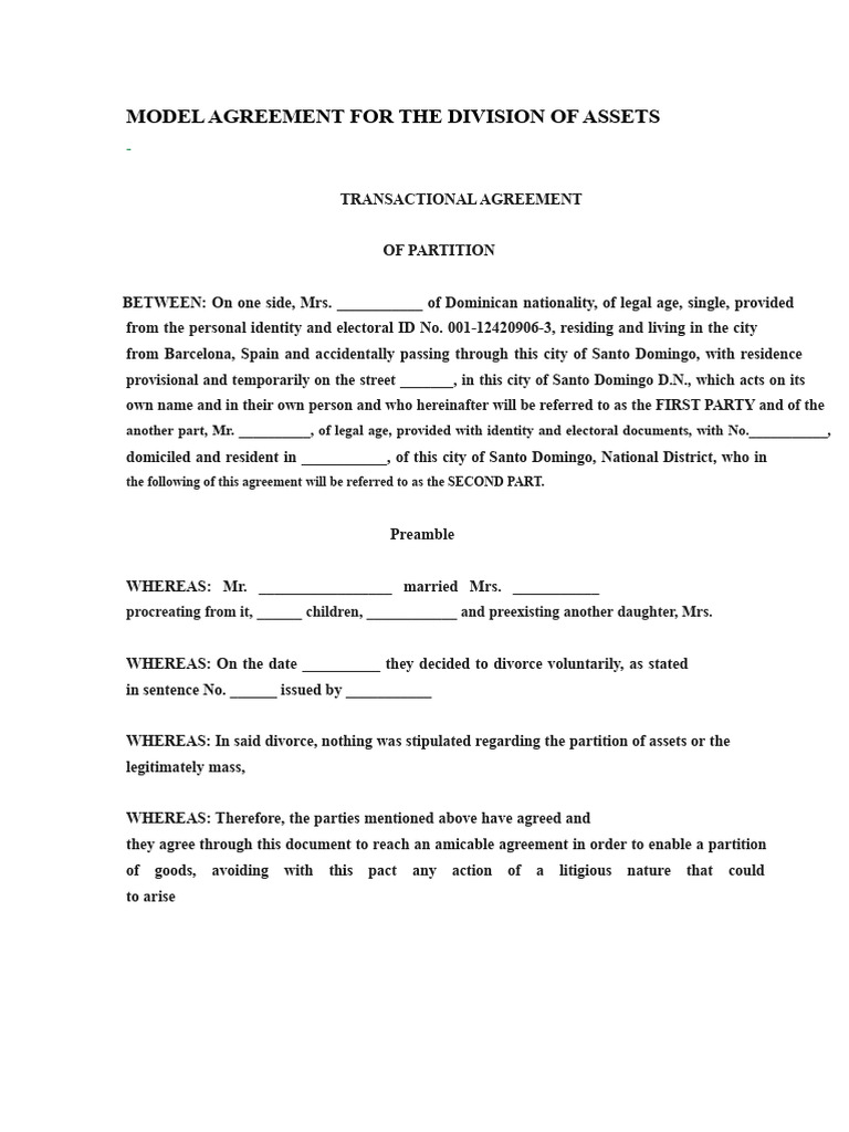 Model Agreement For The Partition of Assets | PDF