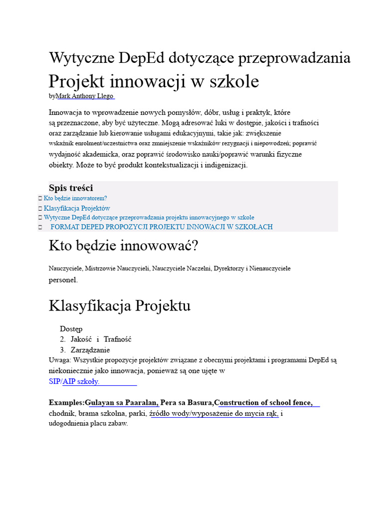 Wytyczne DepEd Dotyczące Przeprowadzania Projektu Innowacyjnego W Szkole | PDF