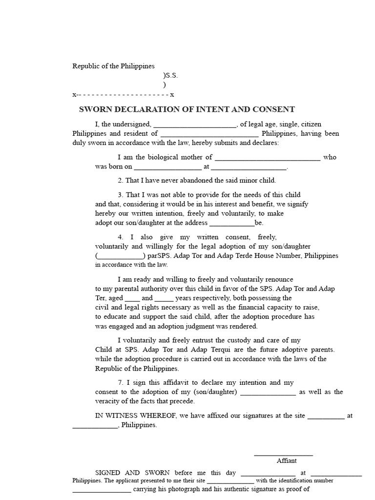 Adoption Consent Declaration Philippines | PDF | Affidavit | Justice