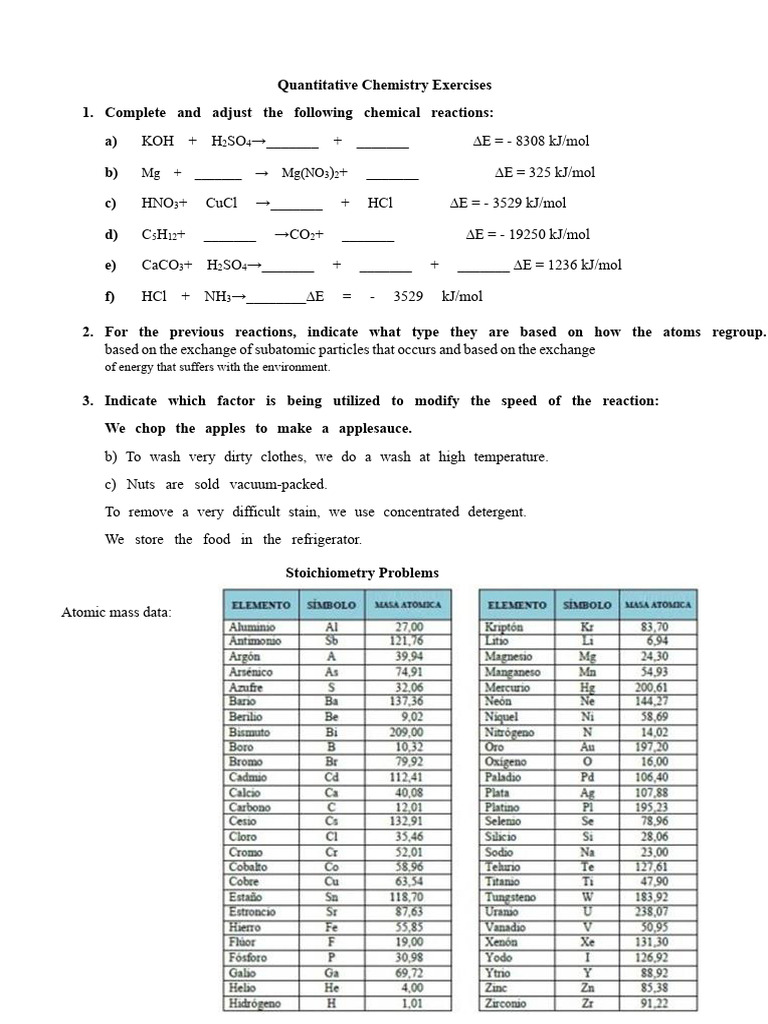 Quantitative Chemistry Exercises 4th Year of Secondary Education | PDF | Chemical Reactions ...