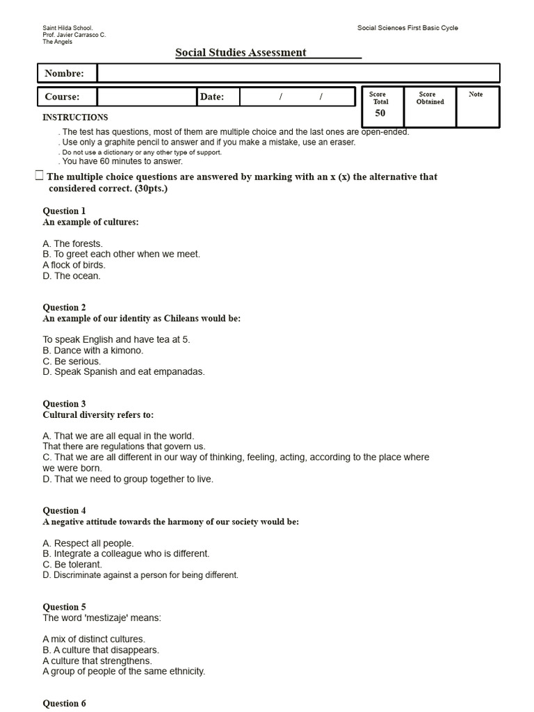 Social Studies Assessment for 1st Cycle | PDF | Multiple Choice