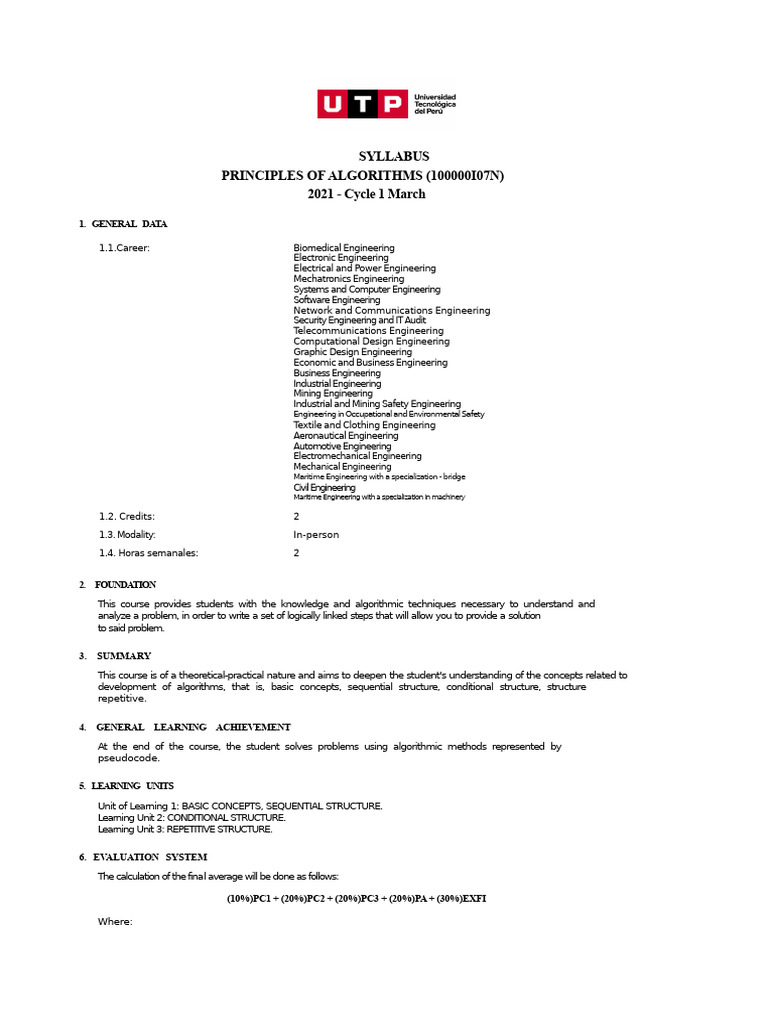 Syllabus Principles of Algorithms UTP | PDF | Engineering | Electrical Engineering