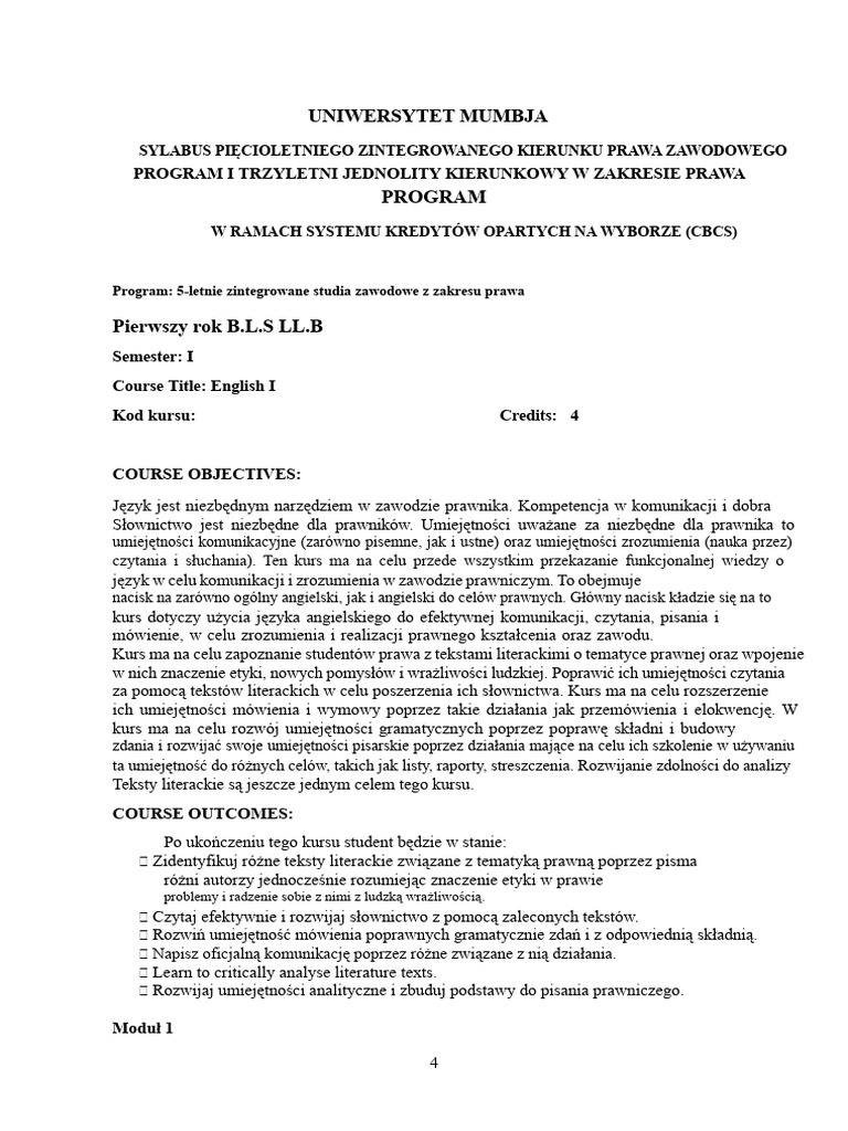 Program Nauczania - BLS LLB 5-Letni - Pierwszy Rok | PDF