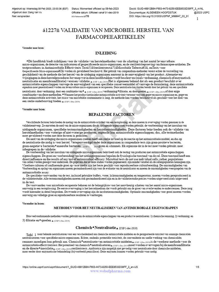 〈1227〉 Validatie van Microbiële Herstel van Farmacopee Artikelen | PDF