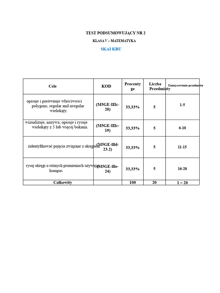 Matematyka - G5 - Q3 - TestSumy #2 | PDF