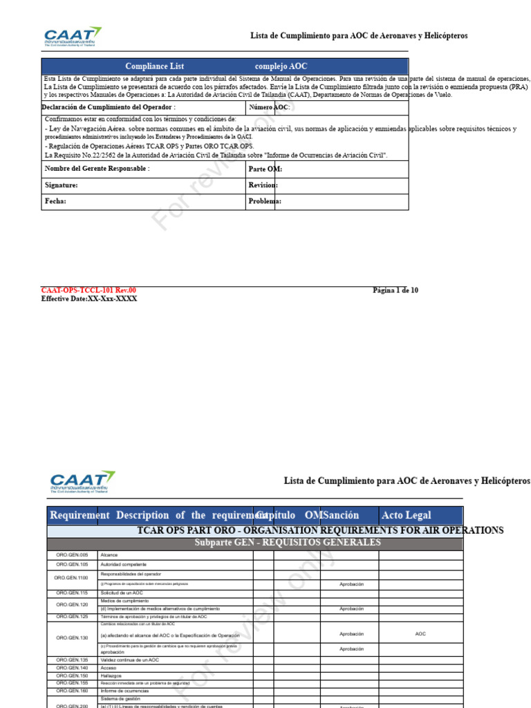 CAAT-OPS-TCCL-101 - Lista de Cumplimiento para Aeronaves y Helicópteros TCAR OPS Parte ORO | PDF ...