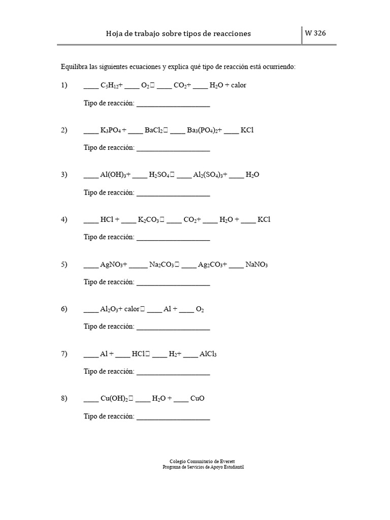 w326-tipos-de-reacciones-hoja de trabajo | PDF