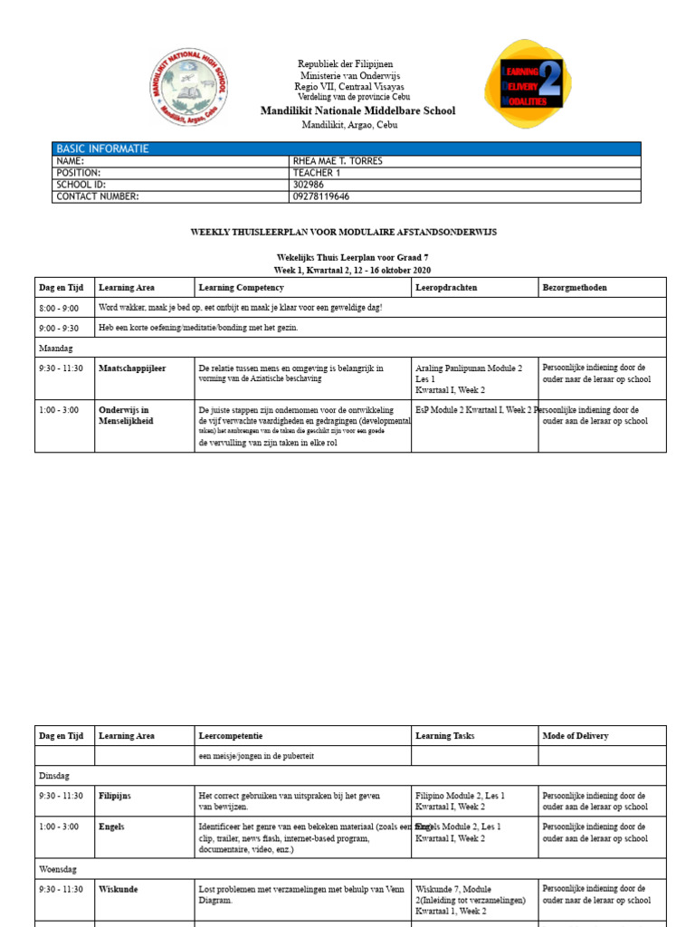 Wekelijks Thuis Leerplan voor Groep 7 Week 2 | PDF