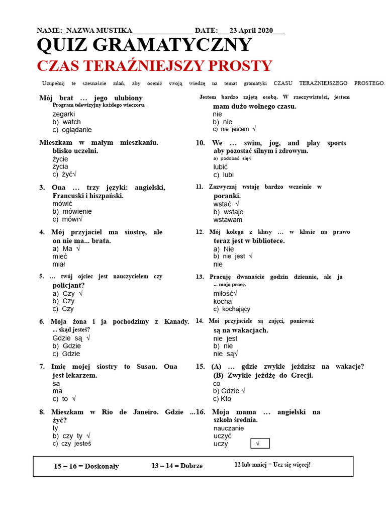 QUIZ GRAMATYCZNY CZASU TERAŹNIEJSZEGO PROSTEGO | PDF