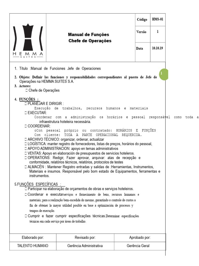 Manual de Funções Chefe de Operações Hemma Suites | PDF | Logística ...