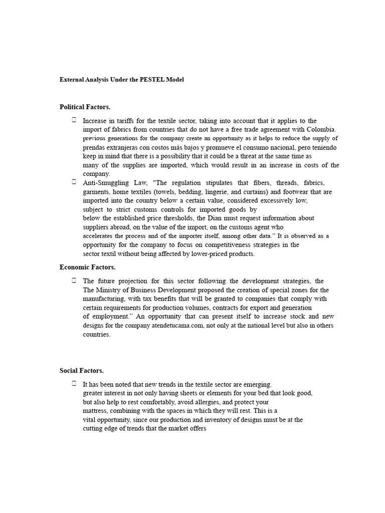 External Analysis Under The PESTEL Model | PDF | Textiles | Bed