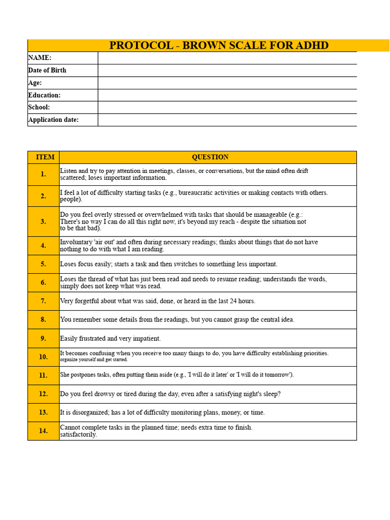 Brown Scale ADHD Assessment Protocol | PDF | Attention Deficit ...