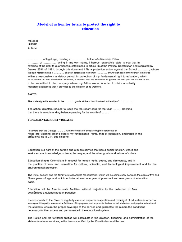 Model of Action of Tutelage To Protect The Right To Education | PDF ...