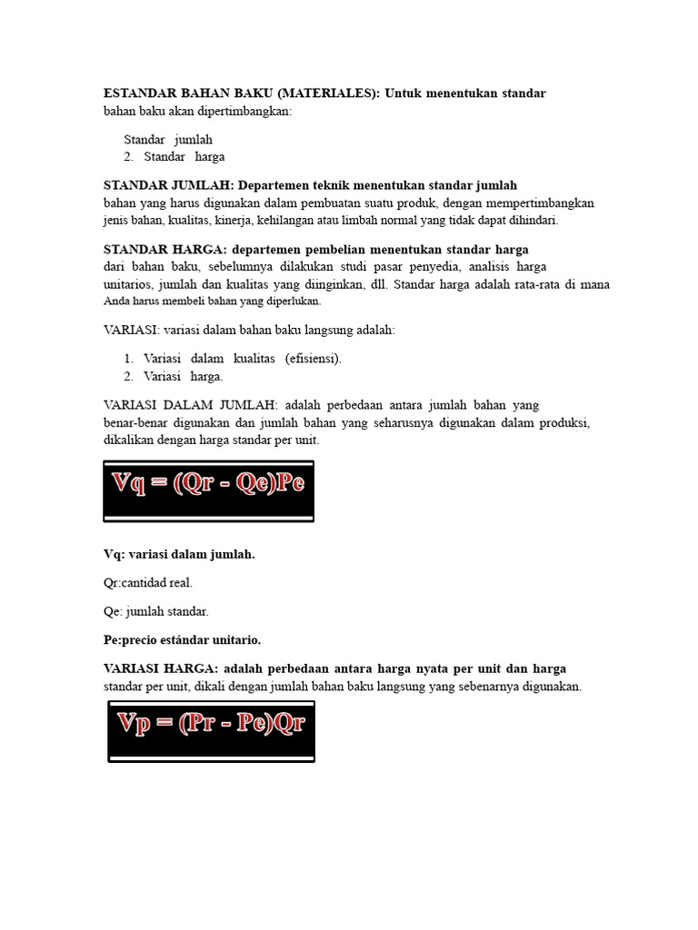 Standar Bahan Baku dan Variasi Biaya | PDF