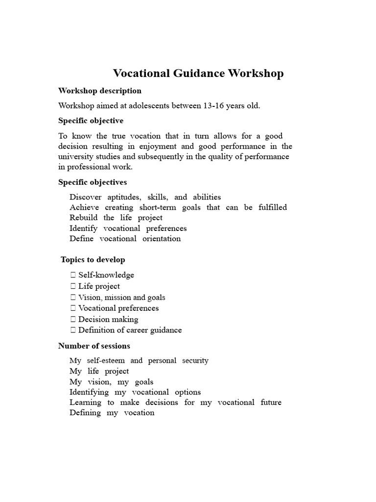 Vocational Guidance for Teens Workshop | PDF | Vocational Education | Goal