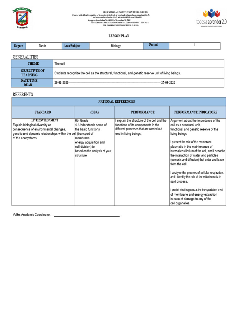 Lesson Plan 10th Grade - First Term 2020 | PDF | Cell (Biology) | Knowledge