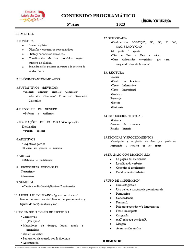 Contenido Programático de Lengua Portuguesa - 5º Año - 2023 - Completo | PDF | Verbo | Adverbio