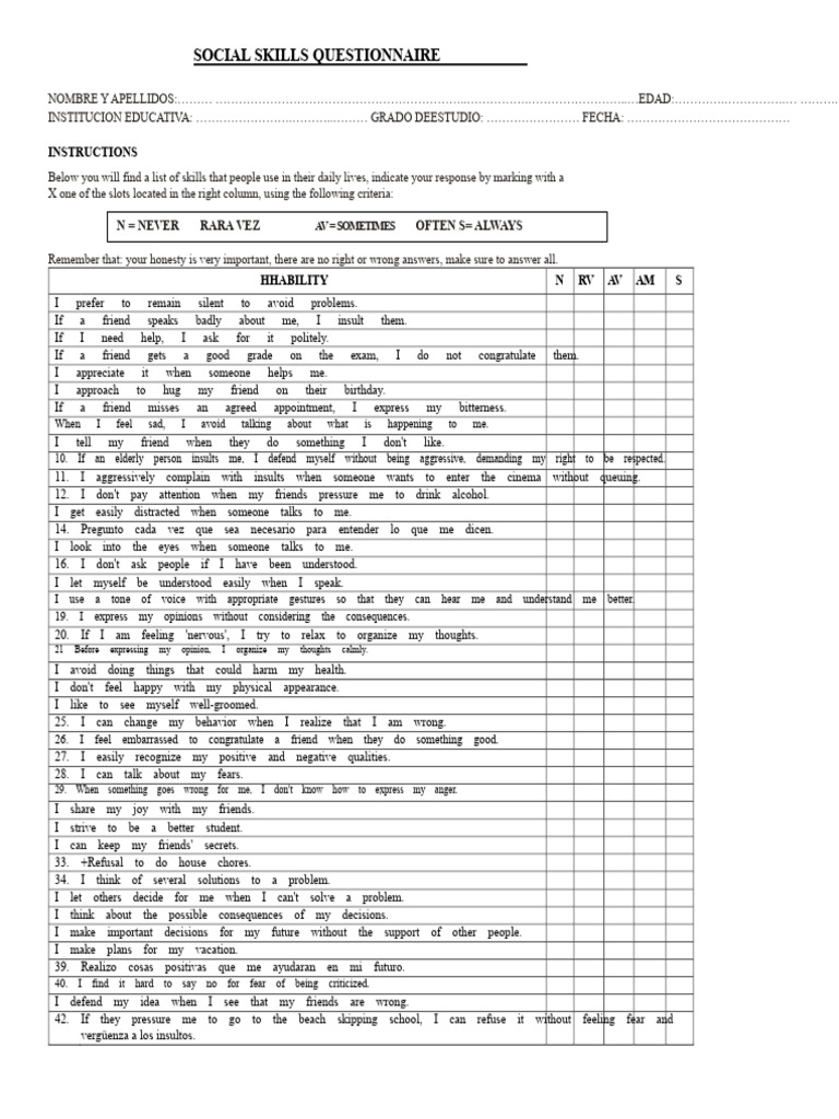 Social Skills Questionnaire | PDF | Anger | Social Skills