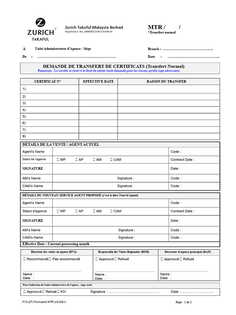 Demande de Transfert de Certificats | PDF