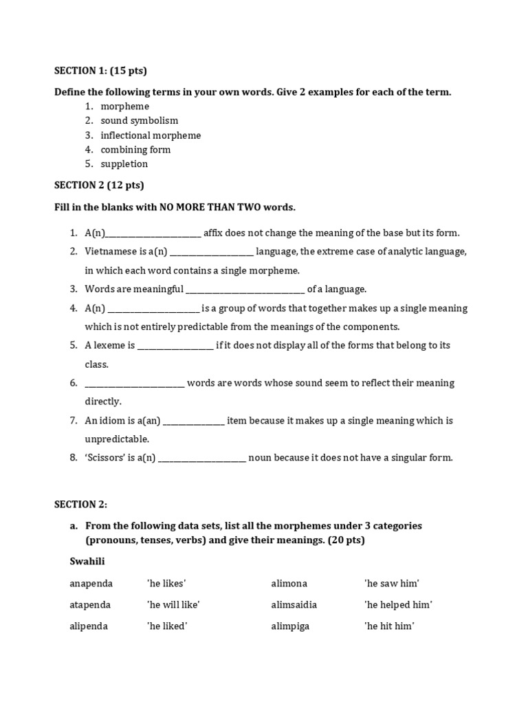 Morphology Exercises | PDF | Word | Linguistics