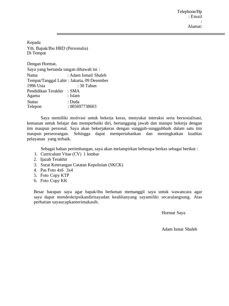 Surat Lamaran_Adam Ismail | PDF