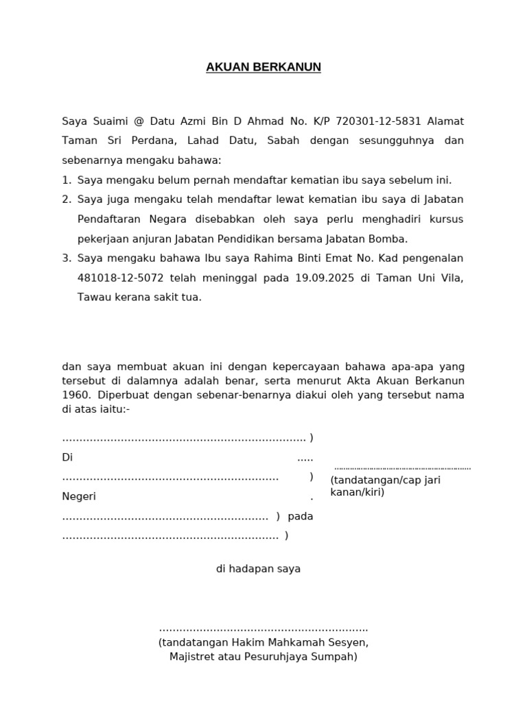Akuan Kematian Ibu di Sabah | PDF