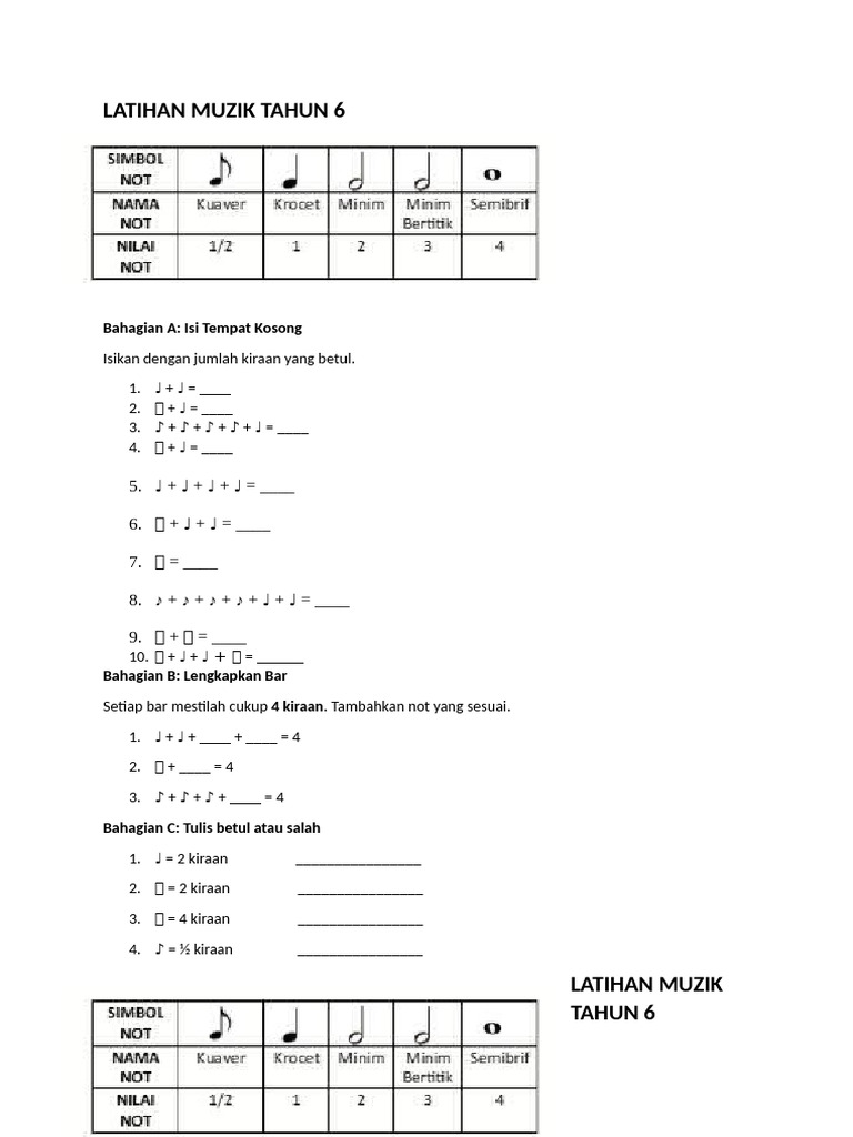 Latihan Muzik Tahun 6: Not dan Kiraan | PDF