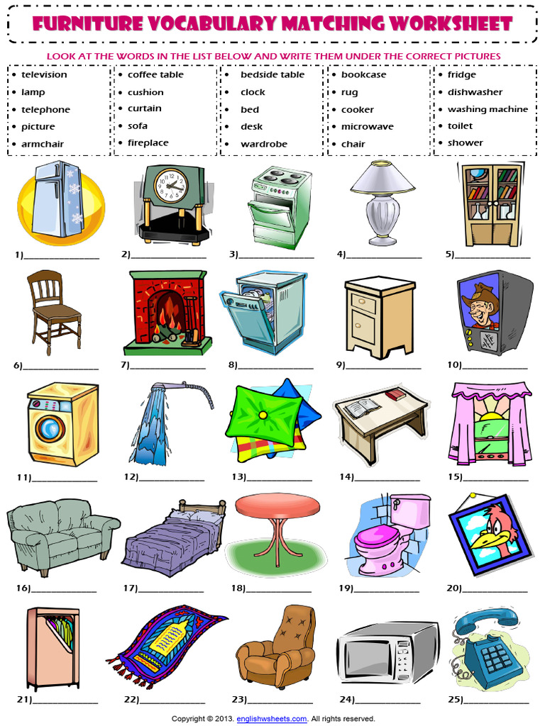 In My House Furniture Vocabulary Matching Exercise Worksheet | PDF