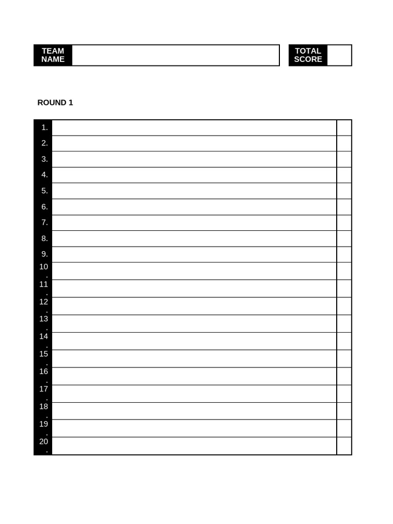 Team Score Tracker for 10 Rounds | PDF