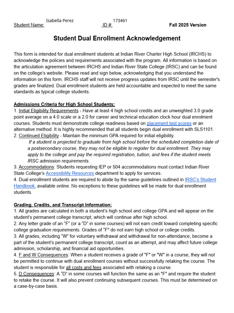 Student Dual Enrollment Acknowledgement - 10 2 25, 8:41 AM | PDF | Course Credit | Educational ...