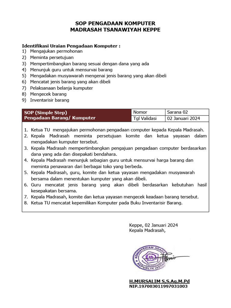 SOP Pengadaan Komputer Madrasah | PDF