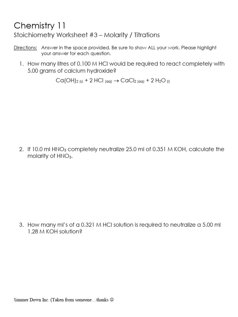 Stoichiometry Worksheet: Molarity & Titrations | PDF