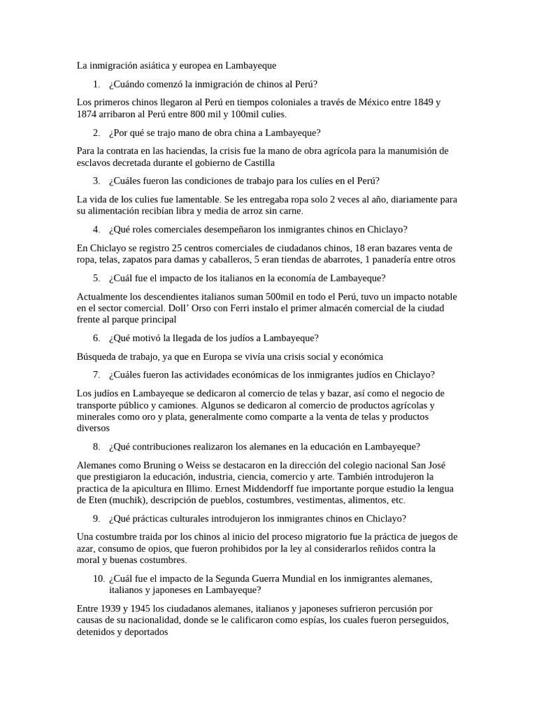 La Inmigración Asiática y Europea en Lambayeque | PDF | Perú | Inmigración