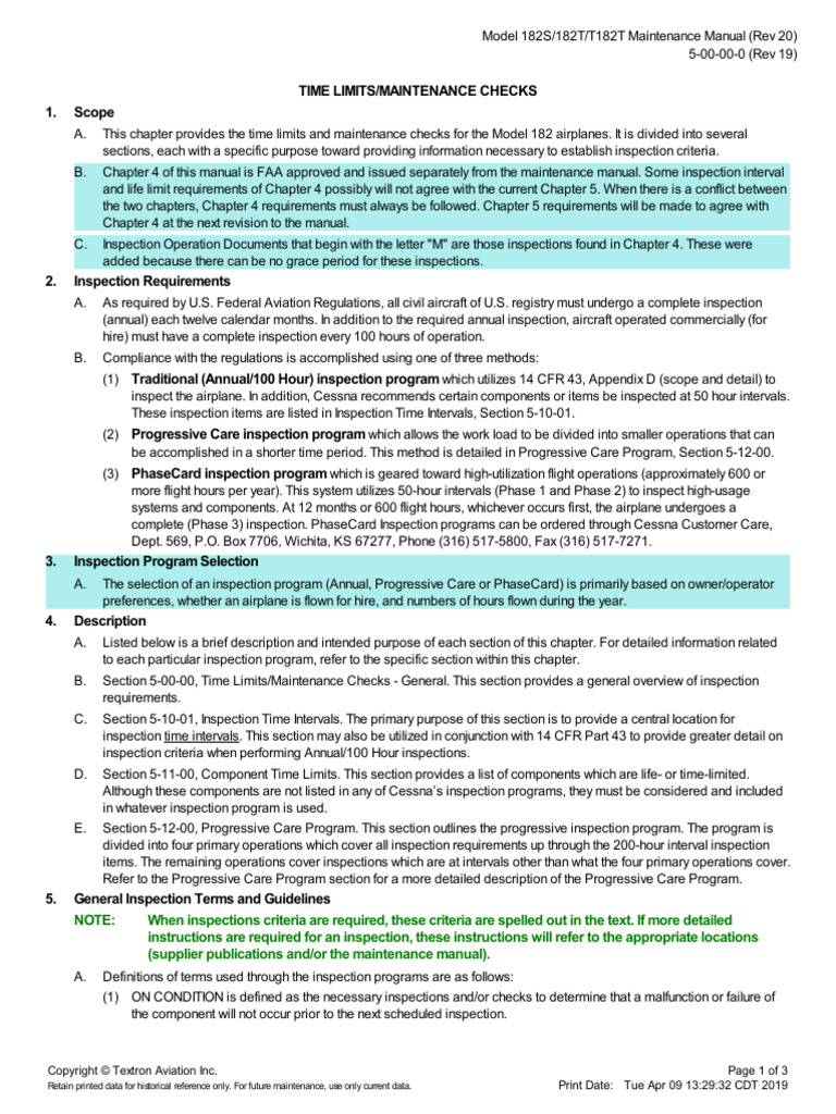 Model 182 Maintenance Inspection Guidelines | PDF | Federal Aviation ...