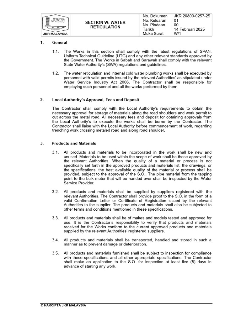 JKR 2025 Water Reticulation Specs | PDF | Road | Pipe (Fluid Conveyance)