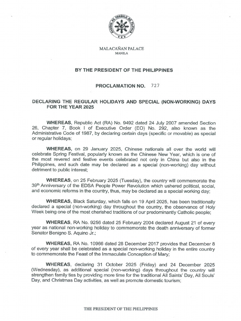 Proclamation No. 727 - 2025 Holidays | PDF