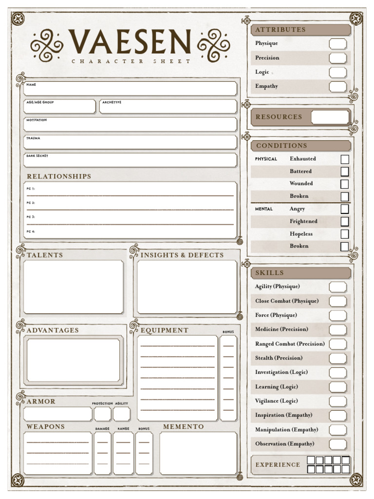 Vaesen-Character-Sheet Form Fillable Clean | PDF | Empathy | Emotions