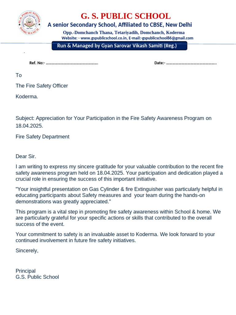 Appreciation Letter Fire Safety | PDF