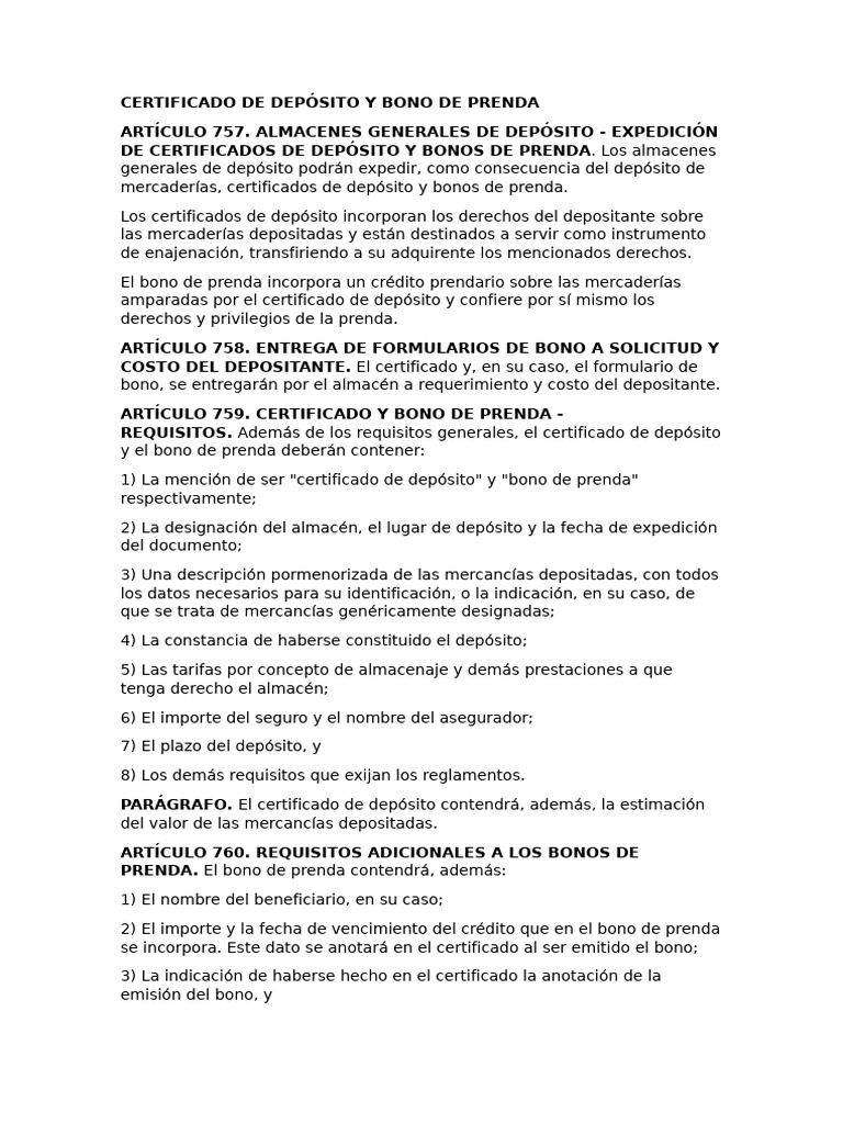Certificado De Depósito Y Bono De Prenda Pdf Pagaré