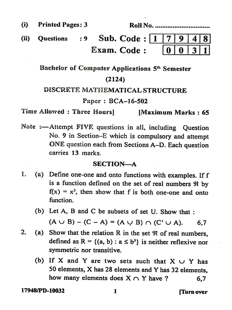 BCA 5th Sem BCA-16-502 Discrete Mathematical Structure November 2024 | PDF