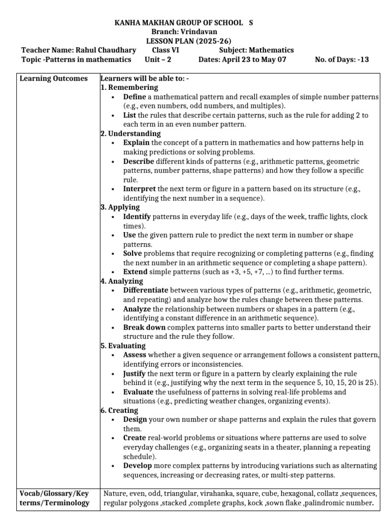 Class VI Math Patterns Lesson Plan | PDF | Pattern | Arithmetic