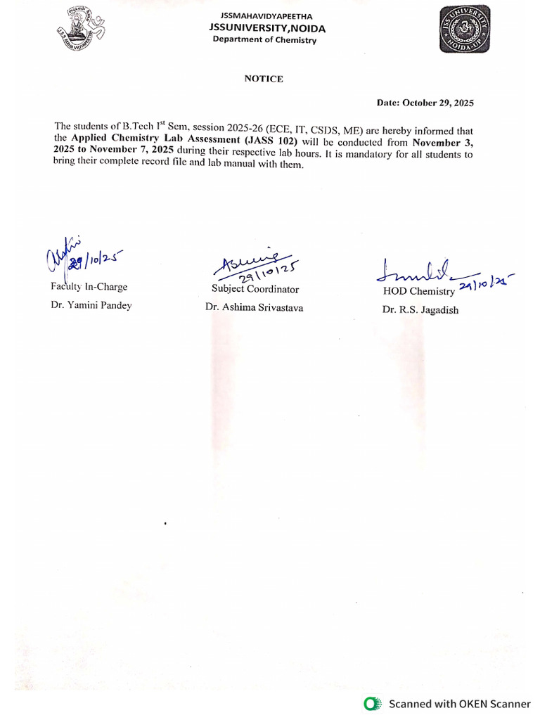 Notice For Chemistry Lab Assessment | PDF